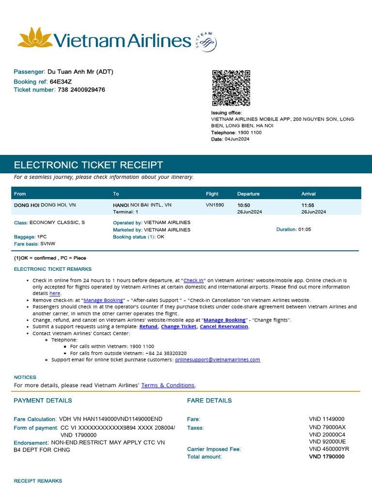 Electronic Ticket-EMD Receipt 26JUN For TUAN ANH DU | PDF