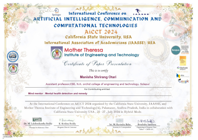 AICCT 2024 Paper Presentation Certificate - Manisha Shrirang Otari | PDF