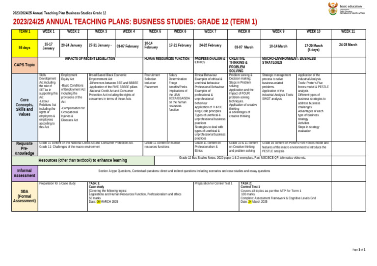 Grade 12 Business Studies Teaching Plan | PDF | Creativity | Strategic ...