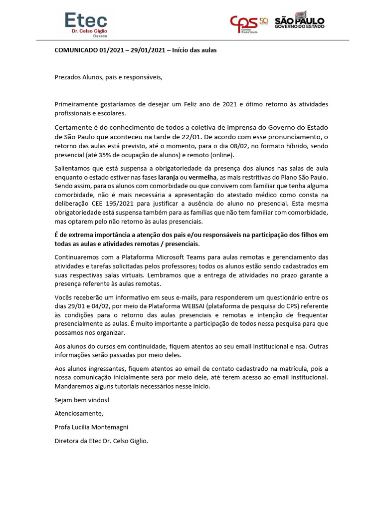 Comunicado 01_2021 - Inicio Das Aulas | PDF