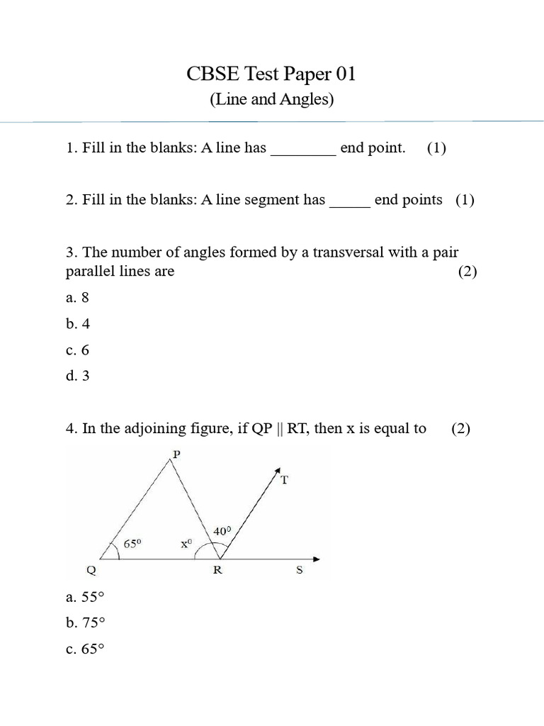 CBSE Test Paper: Lines and Angles | PDF
