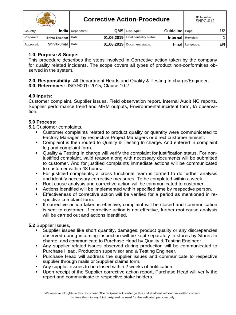 SNPC-012 Corrective Action Procedure | PDF | Audit | Quality Management System