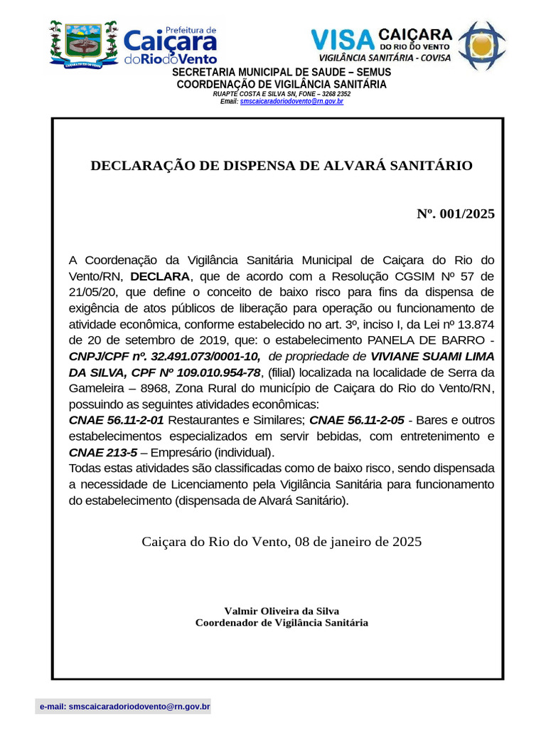 Declaracao de Dispensa de Alvara Panela de Barro | PDF