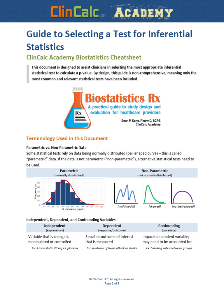 BiostatisticsRx02 Inferential Statistical Test Cheatsheet | PDF ...