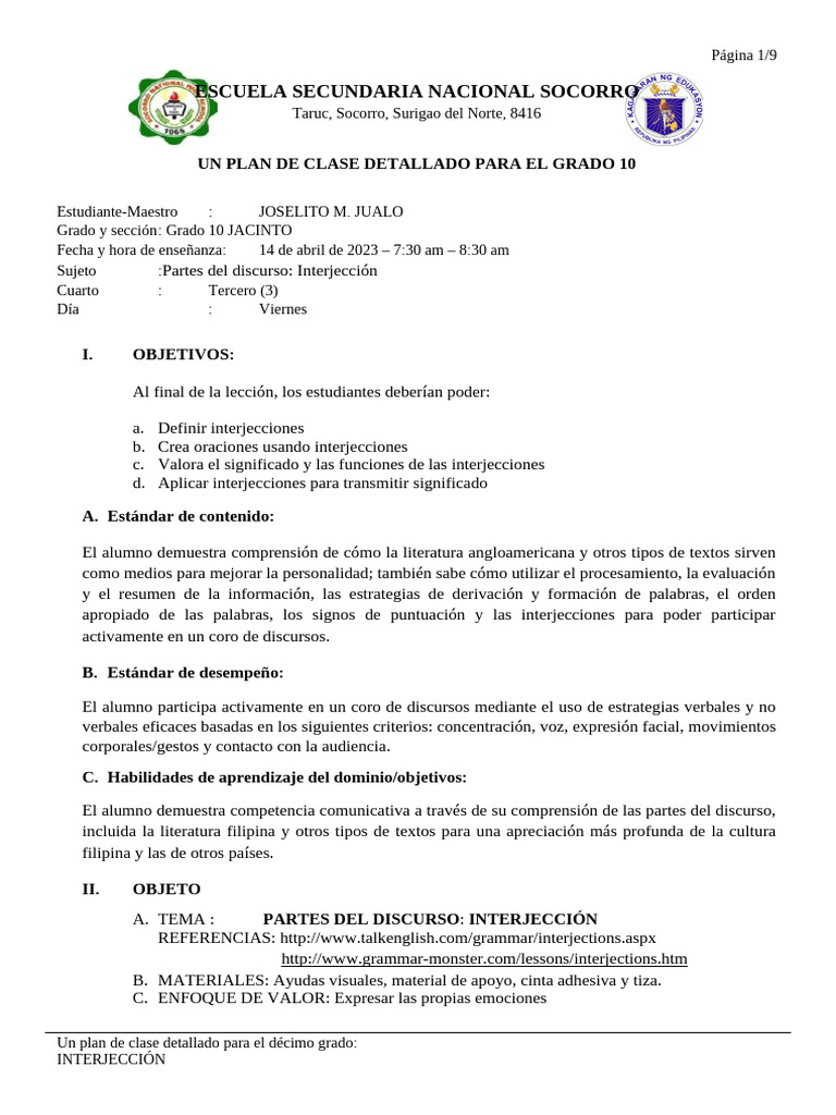 Plan de Lección Detallado Sobre La Interjección | PDF | Comunicación ...