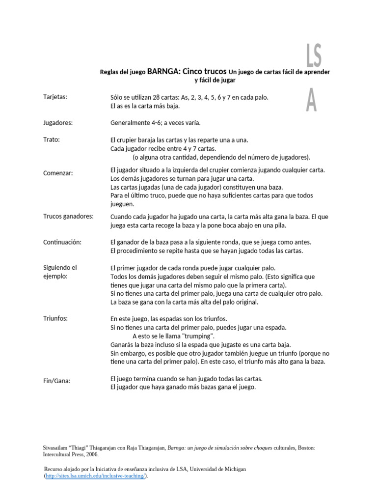 Reglas Del Juego de Cartas Barnga-1 | PDF | Jugando a las cartas ...