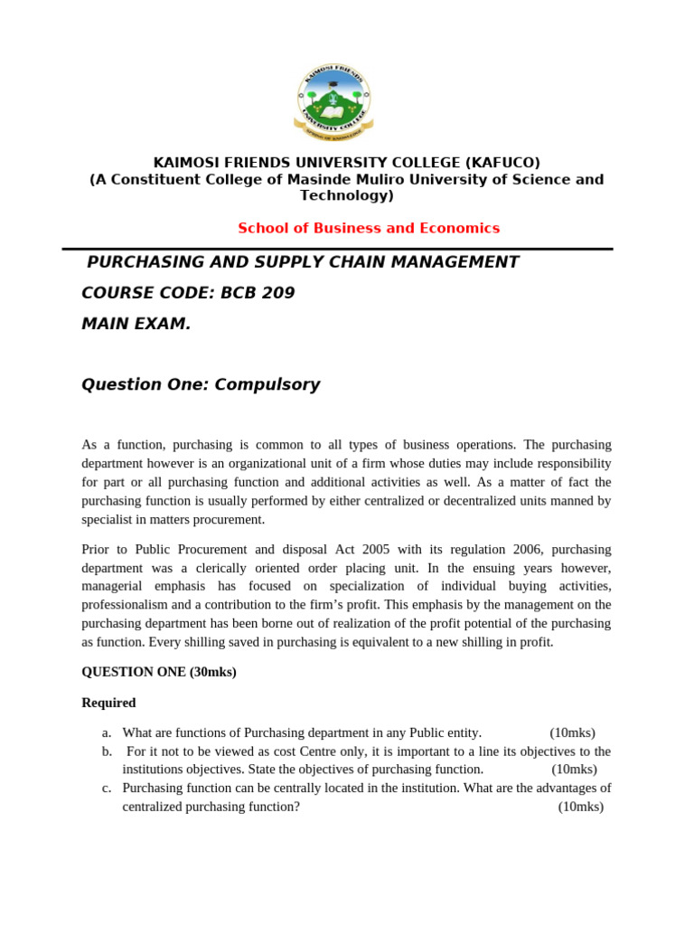 Purchasing and Supply Exam Questions | PDF | Procurement | Supply Chain