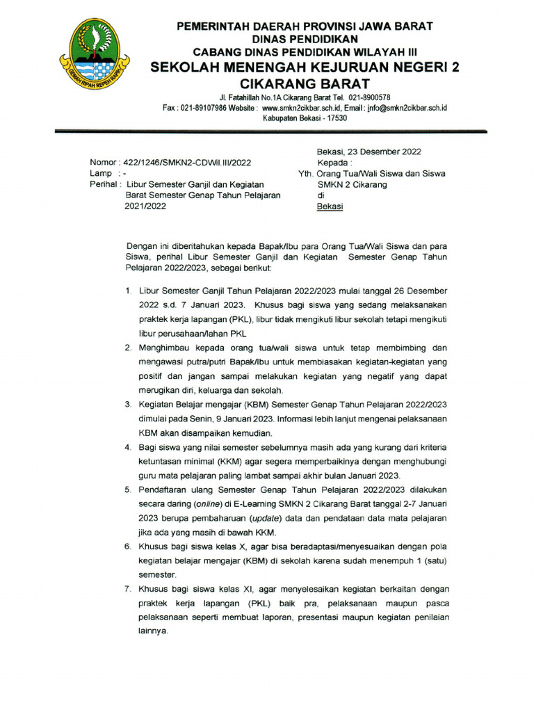 Surat Pemberitahuan Libur Semester Ganjil Dan Kegiatan Semester Genap TP 2022-2023 | PDF