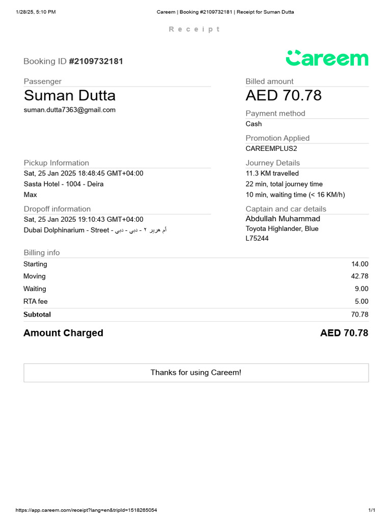 Careem Receipt for Booking #2109732181 | PDF | Business