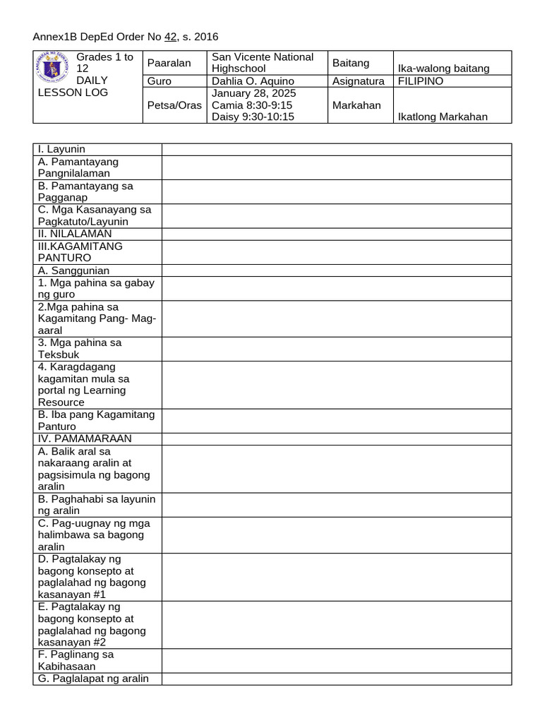 DLP Template Fil. Annex1B DepEd Order No.42.s.2016 | PDF