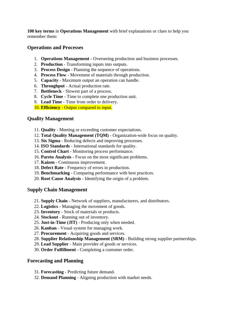 100 Key Terms in Operation Managements | PDF | Inventory | Operations Management