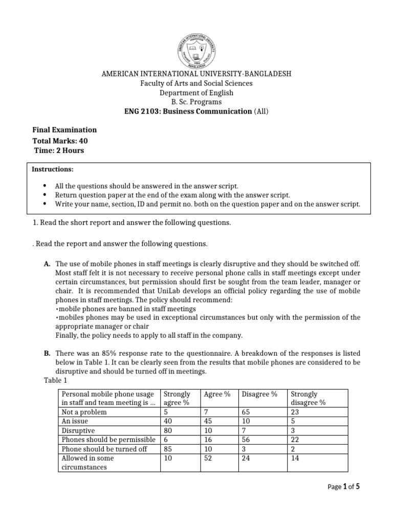 Business Communication Final Term Sample Question (Fall 2024-25) | PDF ...