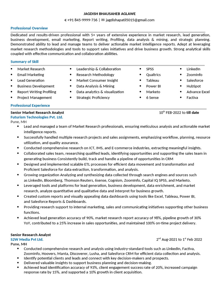 Jagdish Aglawe: Market Research Expertise | PDF | Marketing Research ...