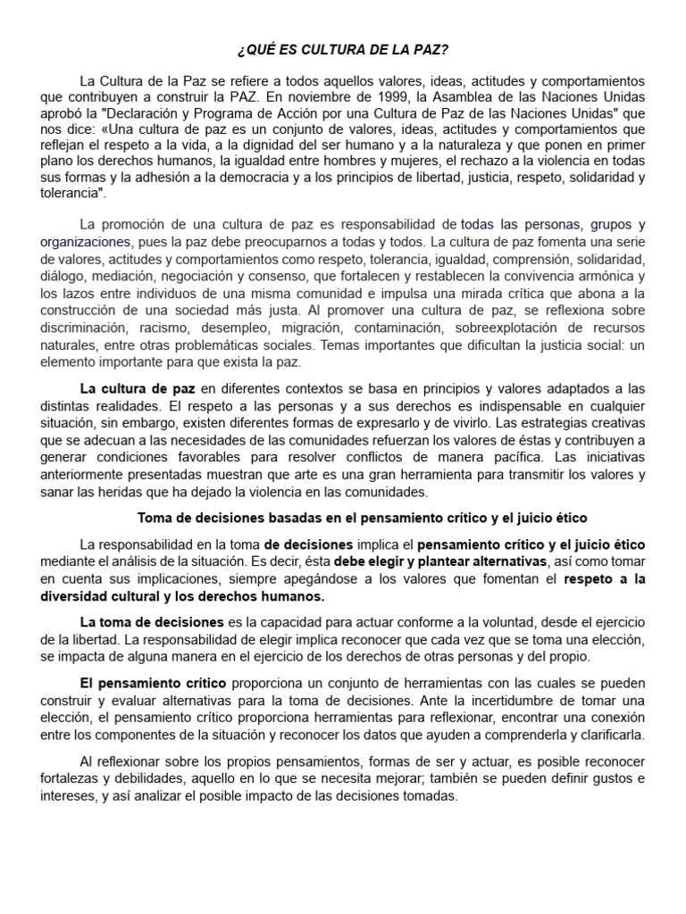 Cultura de la Paz: Valores y Retos | PDF | Toma de decisiones | Paz