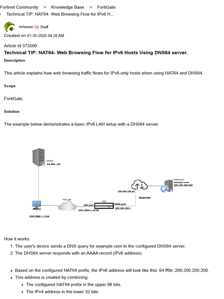 Technical TIP - NAT64 - Web Browsing Flow For IPv6 H... - Fortinet Community | PDF | I Pv6 ...