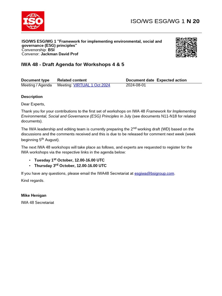 ISO-WS ESG-WG 1 - N20 - IWA 48 - Draft Agenda For Workshops 4 & 5 | PDF | International ...