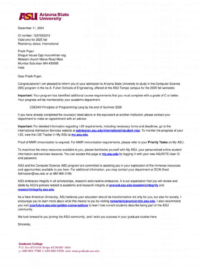ASU Acceptance Letter | PDF