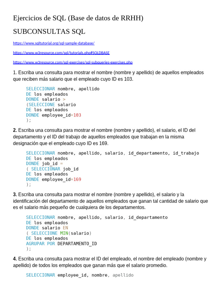 Ejercicios de SQL (Base de Datos de RRHH) (SUBCONSULTAS) | PDF | SQL | Bases de datos