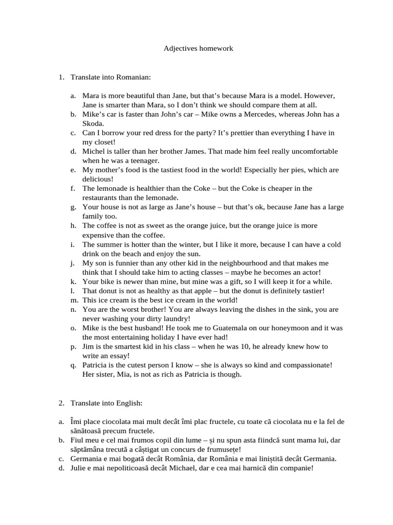 Adjectives Homework | PDF | Drink | Foods