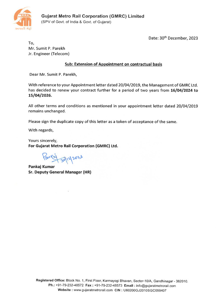 Contract Extension Letter - Sumit P. Parekh | PDF