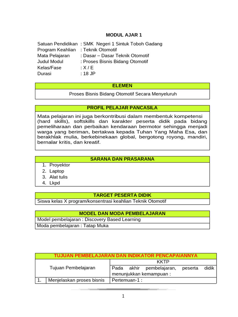 Modul Ajar Dasar-Dasar Teknik Otomotif - Ahmad Arif | PDF