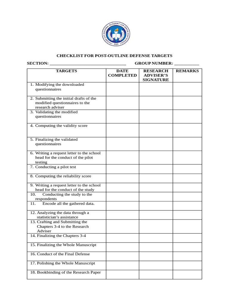 Checklist For The Post Outline Defense Targets | PDF