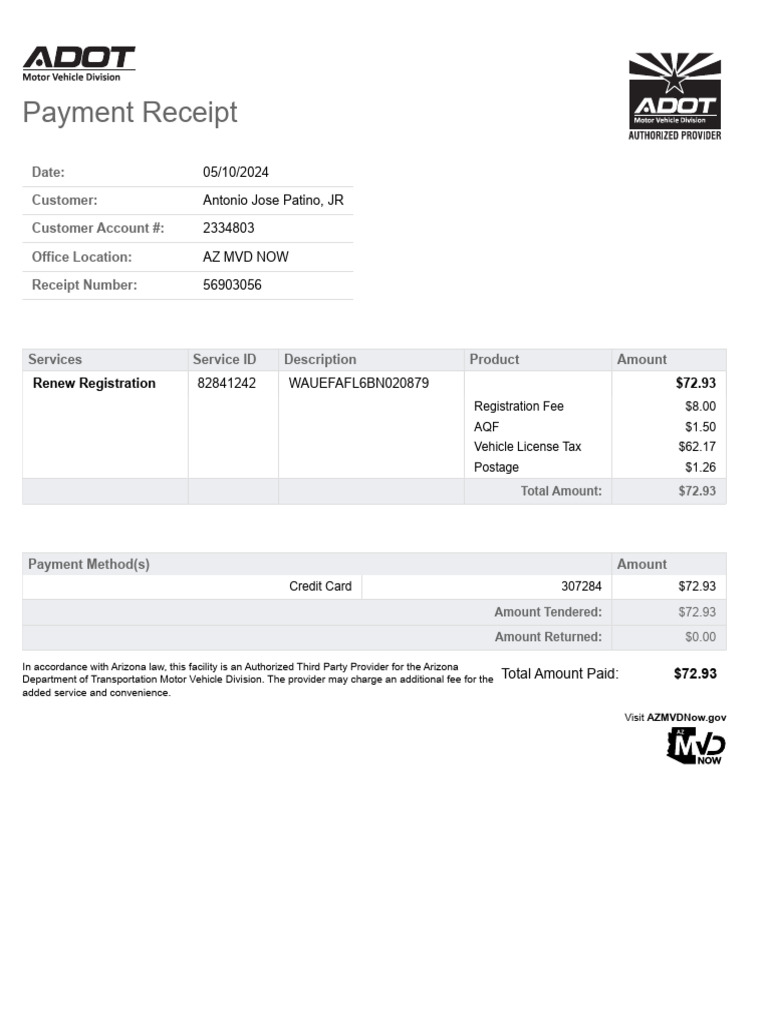 MVD Payment Receipt 56903056 | PDF