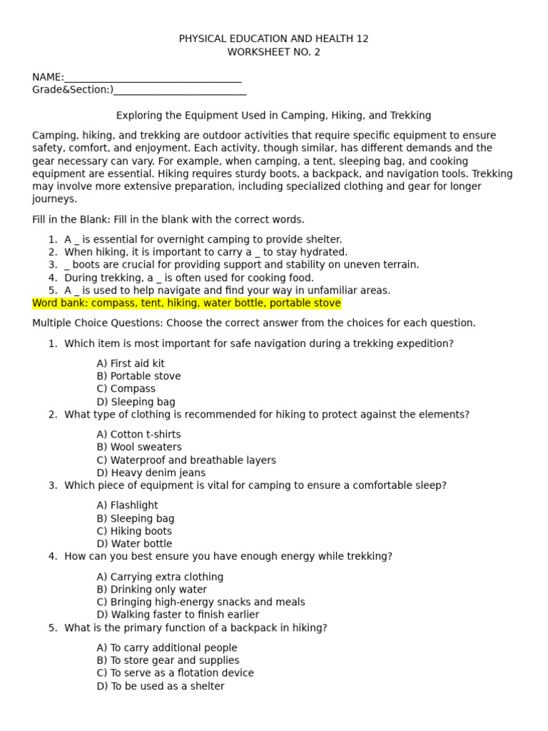 PE12-WORKSHEET-NO.-2 | PDF | Outdoor Recreation | Camping