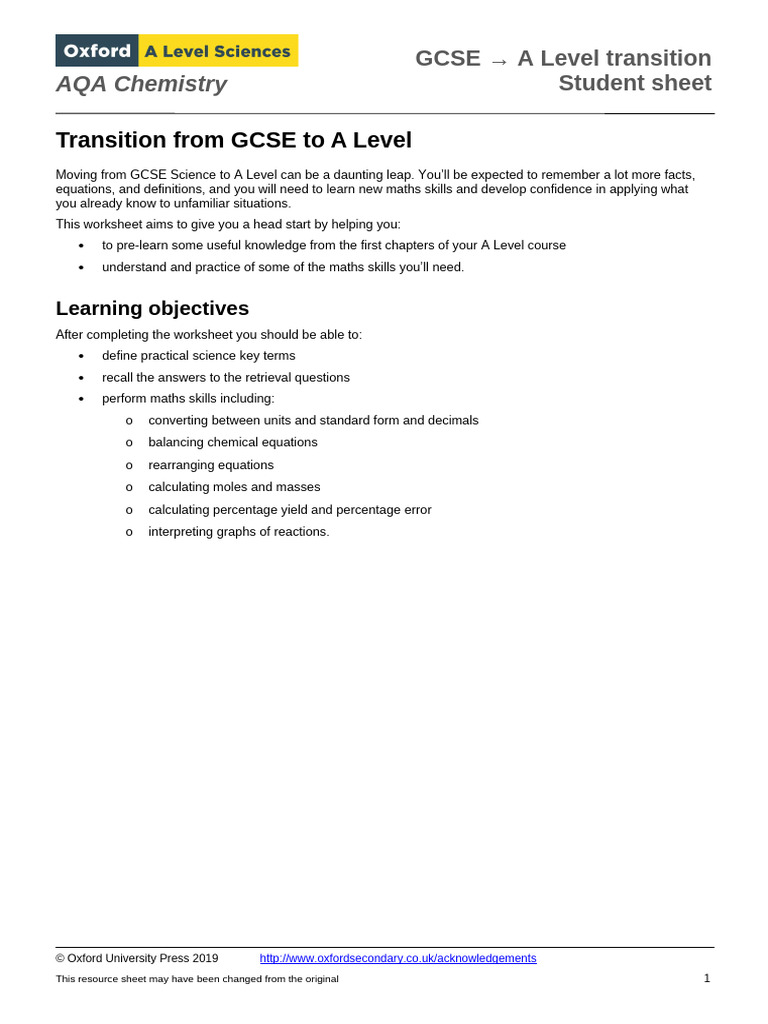 GCSE-to-A-Level-Chemistry-transition-booklet-1 | PDF | Atoms | Proton
