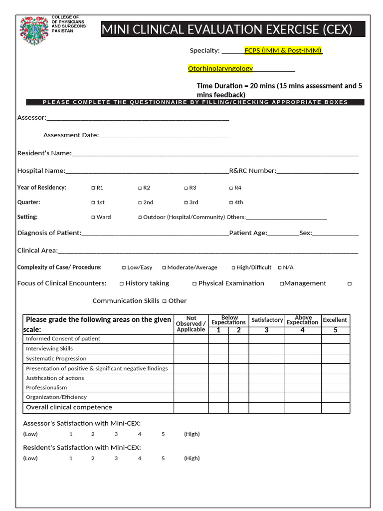 Mini-CEX Form 4 FCPS (IMM & Post-IMM) ENT | PDF | Health Sciences | Medical Specialties