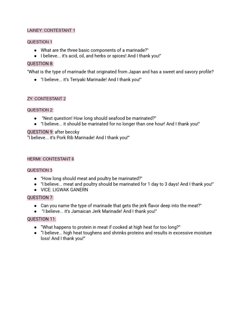 Contestant Script | PDF | Marination | Roasting