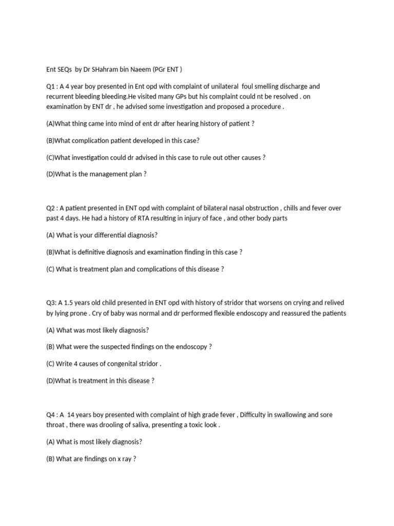 Ent SEQs by Dr Shahram Bin Naeem | PDF | Hearing Loss | Medical Diagnosis