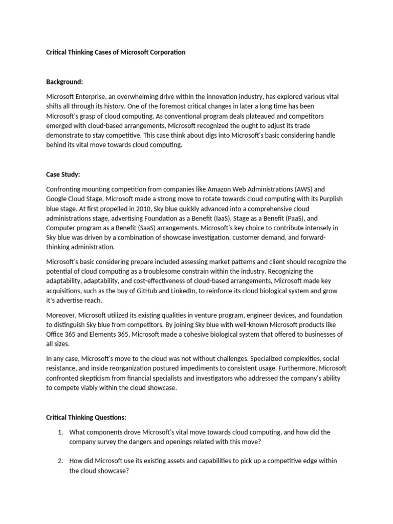 Critical Thinking Cases of Microsoft Corporation | PDF | Cloud ...