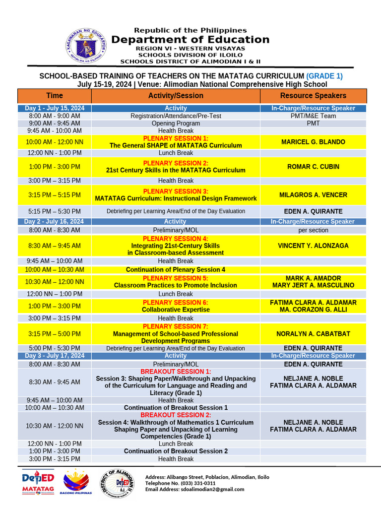 Grade 1 SBTT Training Matrix Final | PDF | Learning | Pedagogy