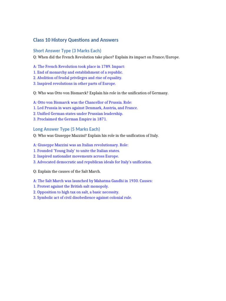 Revised Class 10 History QA | PDF