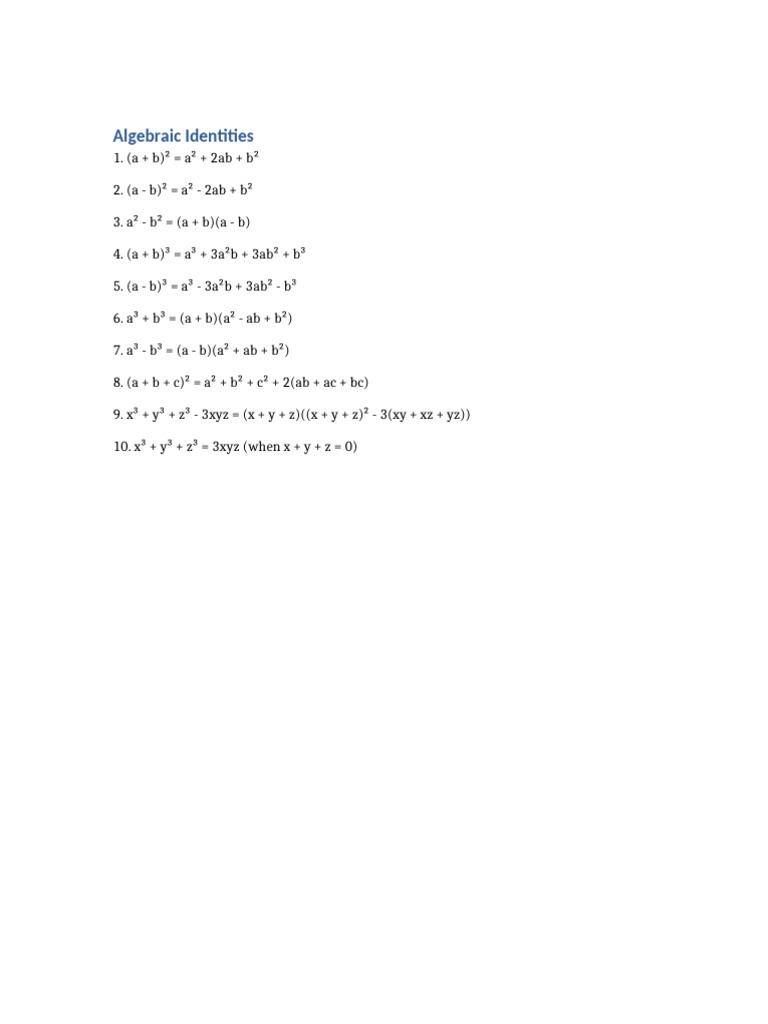 Algebraic Identities Simple | PDF
