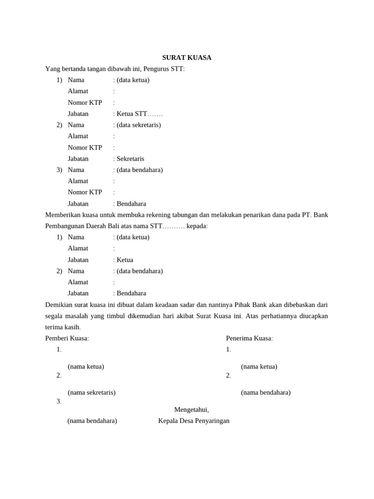 Surat Kuasa Pengurus Stt | PDF