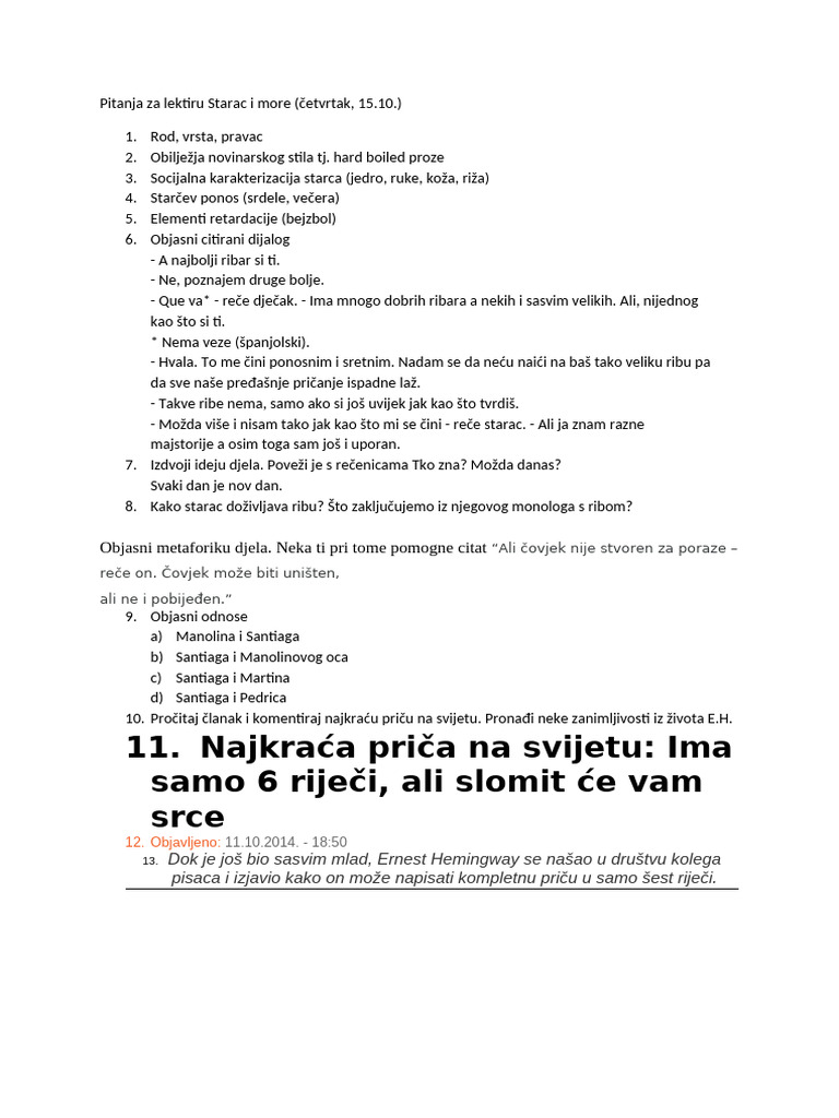 PISCI Pitanja Za Lektiru Starac I More | PDF