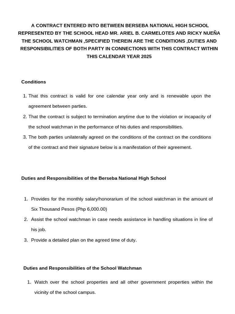 Berseba High School Watchman Contract 2025 | PDF