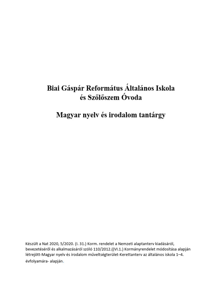 Magyar Nyelv És Irodalom Helyi Tanterv 1-2. Osztály | PDF