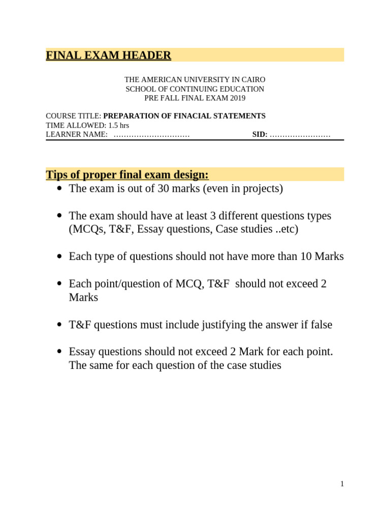 Final Exam Tips & Header 2019 | PDF