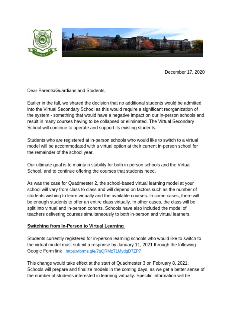 Quadmester 3 Parent Guardian Student Letter 2 | PDF | Cognition | Human ...