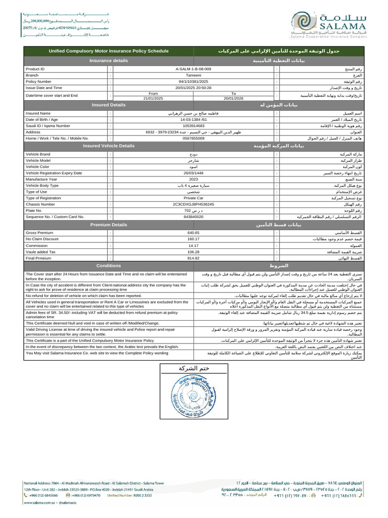 Unified Motor Insurance Policy Schedule | PDF | Road Transport | Motor ...