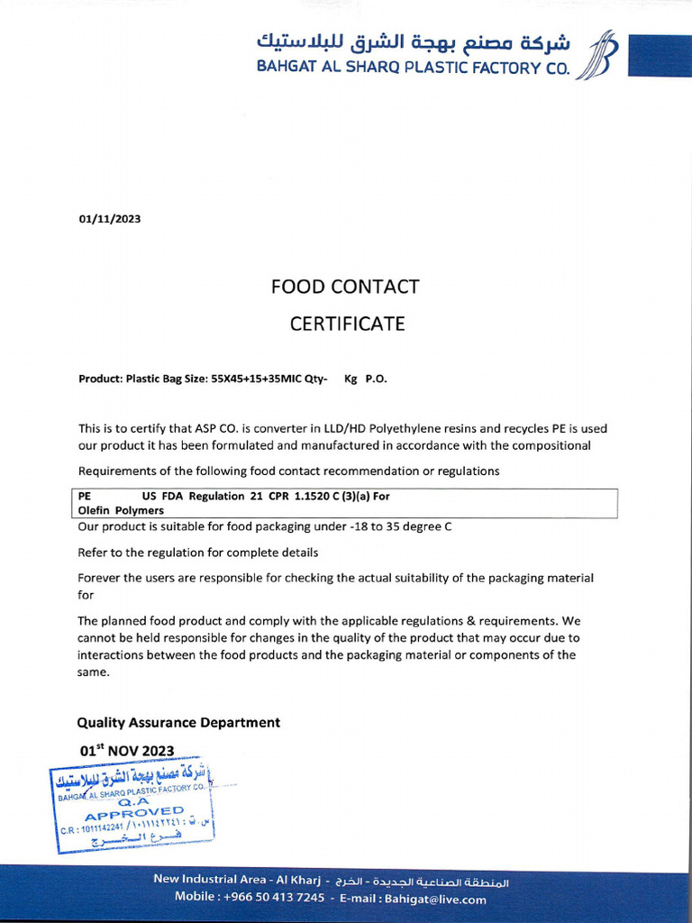 Food Contact Certificate Plastic Bag 55x45+15+35mic | PDF