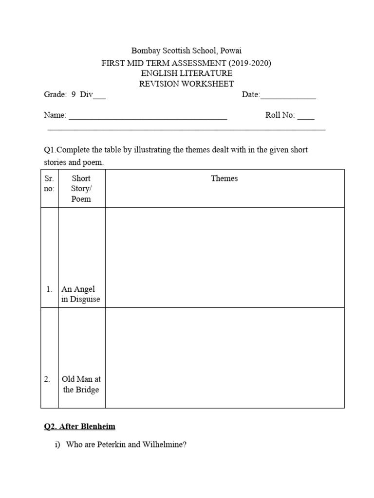 1st MTA 20-21 English Literature Revision Paper for Grade 9 (1) | PDF
