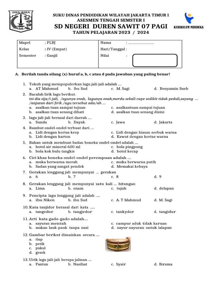 Soal STS 1 PLBJ Kelas 4 | PDF