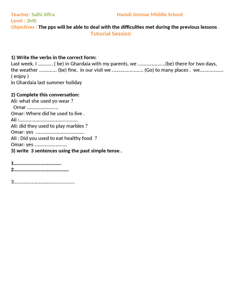 3MS Totorial Session Tenses Activities | PDF