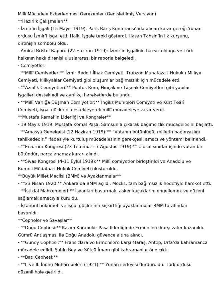 Milli Mucadele Ezberlenmesi Gerekenler Genisletilmis | PDF