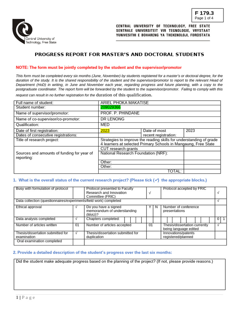 Progress Report Sept. 2023 F179 3 | PDF | Thesis | System