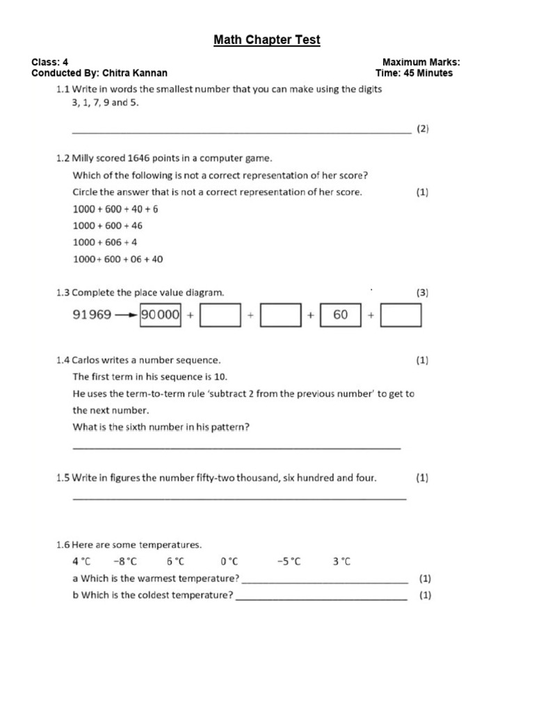 Class 4 - Math Chapter Test | PDF